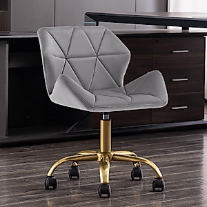 DUHOME Cute Home Office Chair, Velvet Swivel Desk Chair Armless Hydraulic Rolling Computer Chair with Backrest Golden Base for Teens Girls, Grey