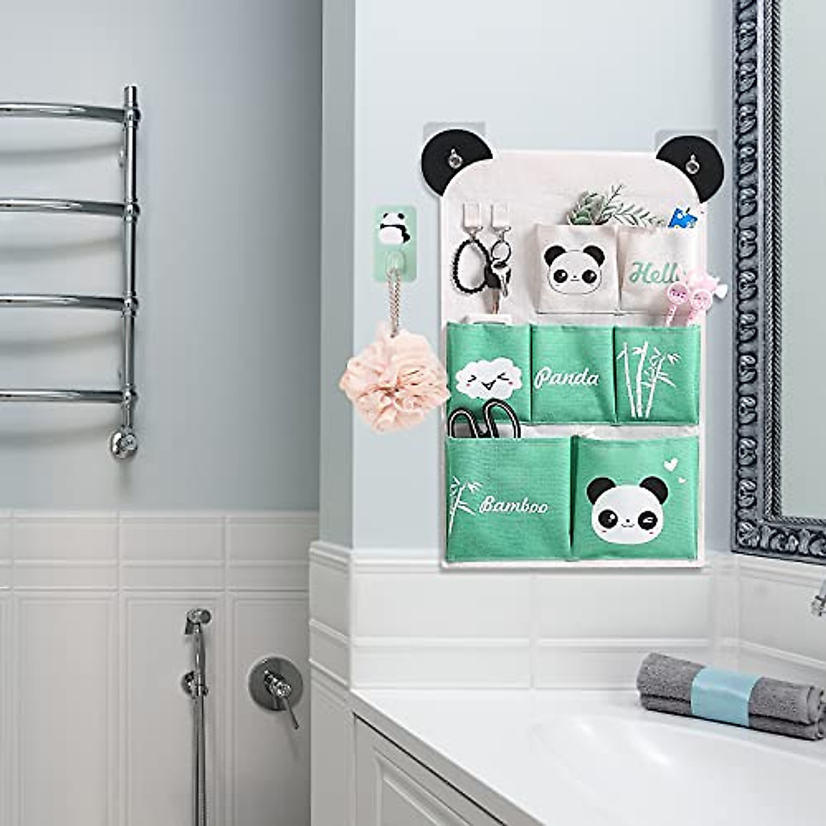 pandaonly 2 Wall Hanging Storage Bag,Linen Cotton Fabric Waterproof Pocket Organizer Bag with 6 Hooks,Over the Door/Wall for Bedroom Bathroom Closet Home Organizer