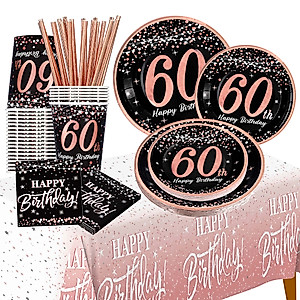 60th birthday decorations for women - (Total 121pcs) rose gold Birthday supplies Plates and Napkins, Cups, Straws, tablecloth, Disposable Tableware for 24 Guests