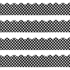 72 Feet Black and White Gingham Bulletin Board Borders Buffalo Plaid Scalloped Borders Trims Black and White Classroom Border Strips for Bulletin Board, Back to School, Christmas, Classroom Decoration