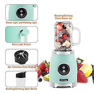 Americana EPB399M by Elite Glass Mason Jar Blender with 17oz Jar + 20oz. Sports Bottle, Blend Personal Smoothie, Crush Ice, Shakes, Keto Protein, 300 Watts
