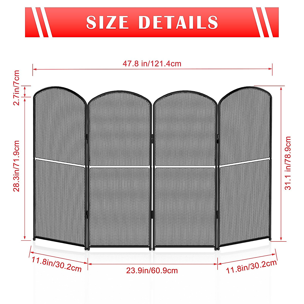 OYEAL Fireplace Screen Stand Black 4 Panel Fireplace Cover Metal Fire Spark Guard Cover Foldable Decorative Fireplace Screen for Home Indoor Fireplace, Black (47.8" W x 31" H)