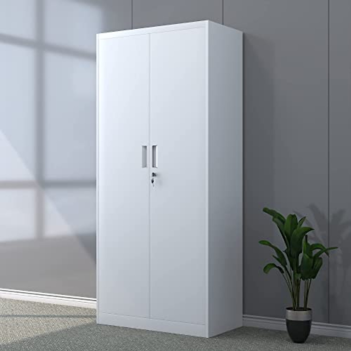 iJINGUR Metal Storage Cabinet with Locking Doors and Shelves for Garage Home Office, Lockable Tall Steel Storage Cabinets with Lock, Tool Holder and File Organizer Pocket Included (White)