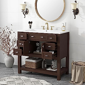VKKILPEE 36'' Freestanding Bathroom Vanity Set Bathroom Vanity with Top Sink, Bath Vanity Storage Cabinet with 6 Drawers & 2 Soft Closing Doors, Modern Bathroom Vanity and Sink Combo, Brown
