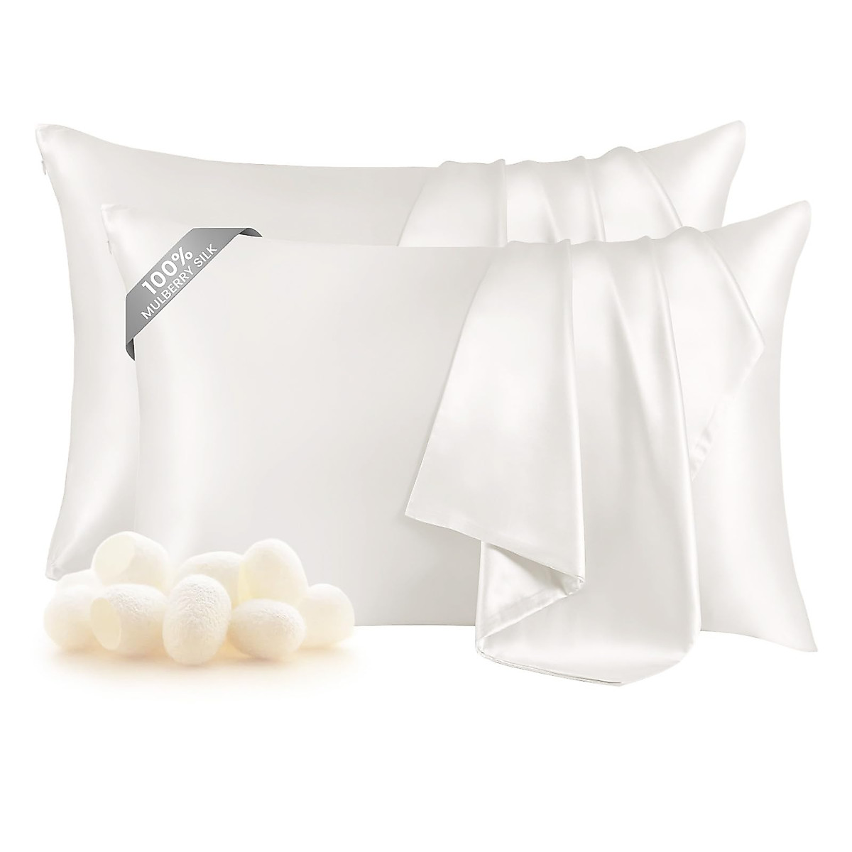 THXSILK Set of 2 100% Pure Mulberry Silk Pillowcases for Hair and Skin - Upgraded Real Grade 6A+ Mulberry Silk - Durable, Soft and Anti-Aging Silk Pillow Cases (King 20"x36", White)