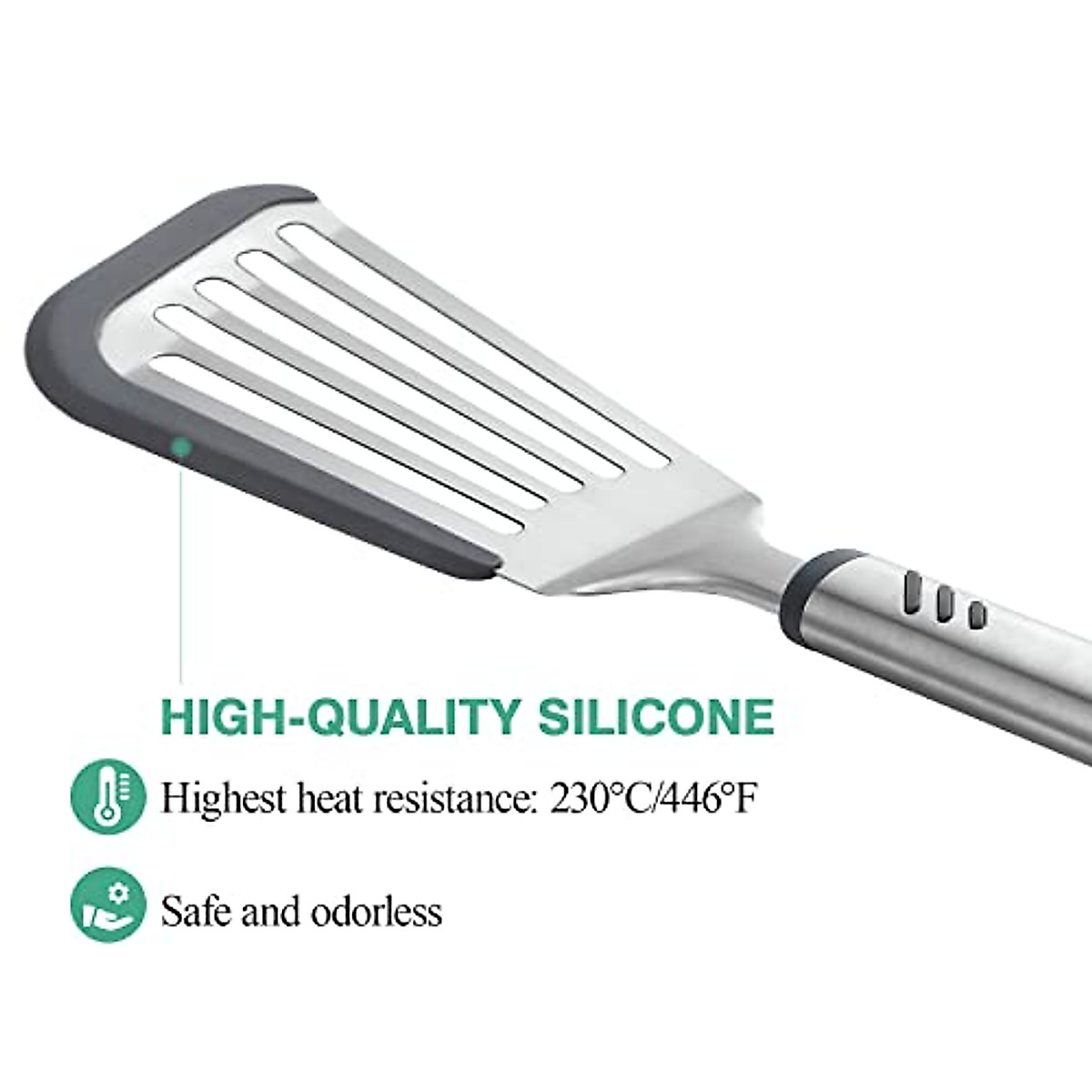 Lebabo Metal Spatula, 12.6" Stainless steel Slotted Fish Spatula with Heat Resistant Handle, Spatula turner with Silicone Top Soft Edge for Non-Stick Pan, Cooking, Flipping, Frying, Dishwasher Safe