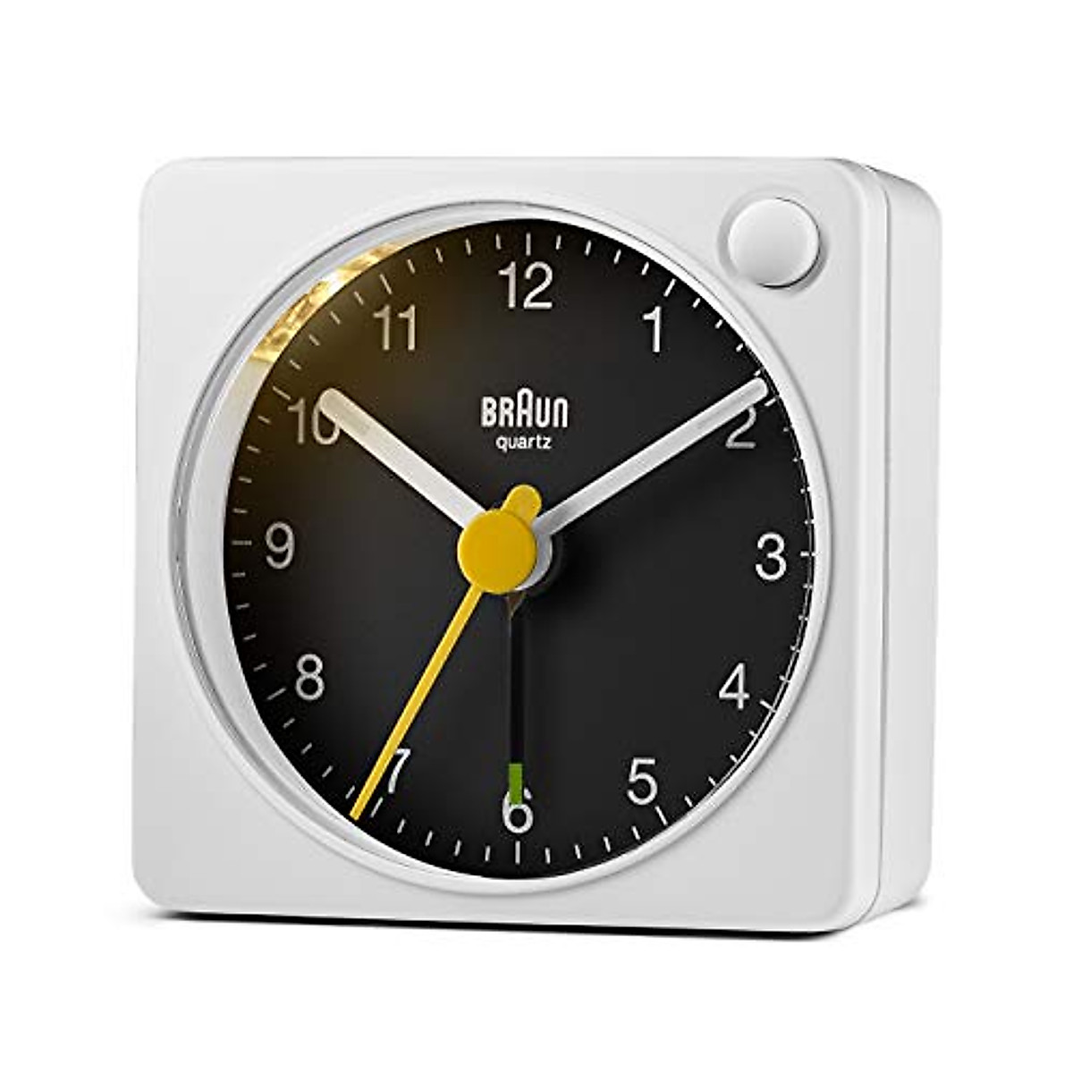 Braun Classic Travel Analogue Alarm Clock with Snooze and Light, Compact Size, Quiet Quartz Movement, Crescendo Beep Alarm in White and Black, Model BC02XWB.