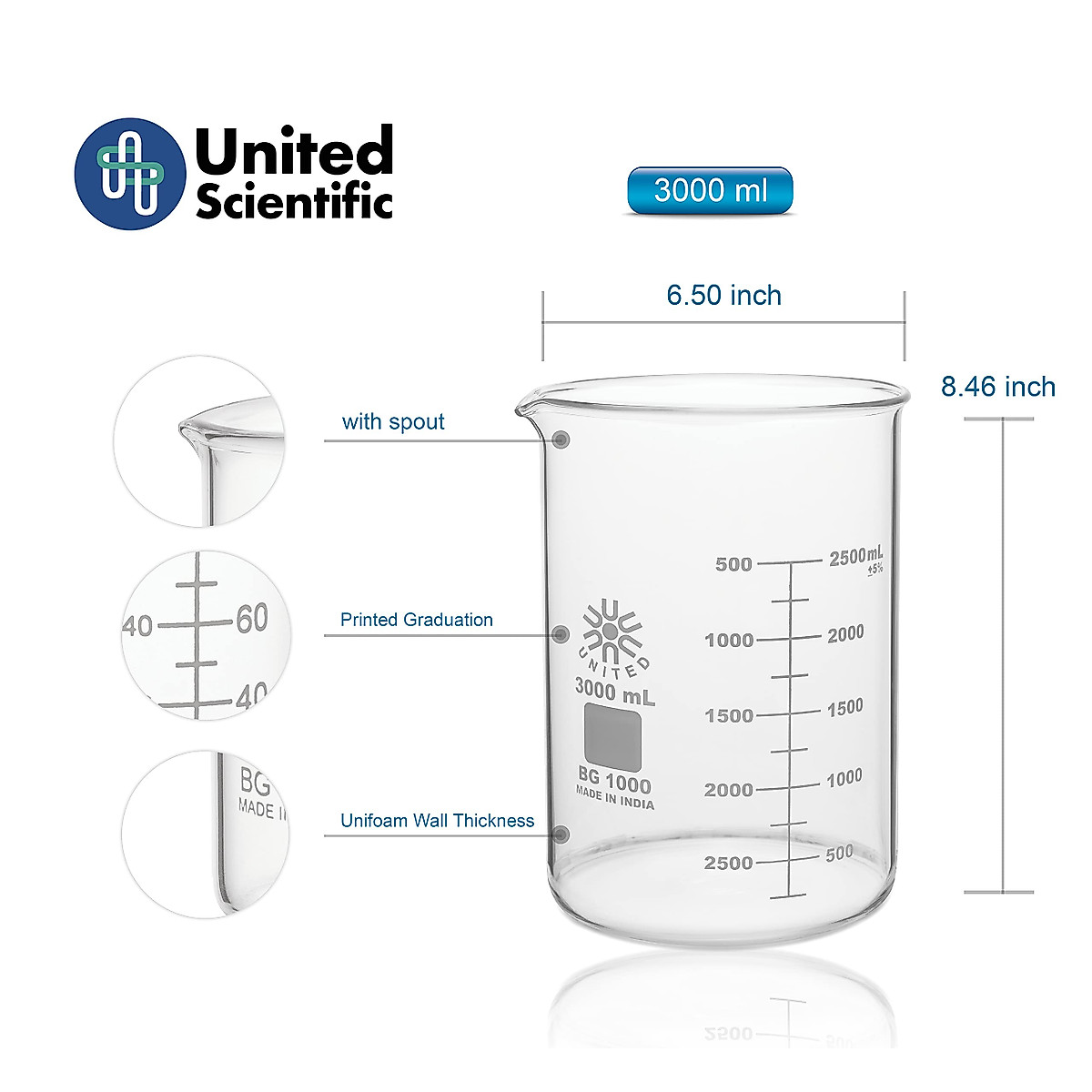 United Scientific™ BG1000-3000 Borosilicate Laboratory Grade Glass Beakers | Griffin Low Form Beaker | Graduated with Spout | Designed for Laboratories & Chemistry Classrooms | 3000mL Capacity