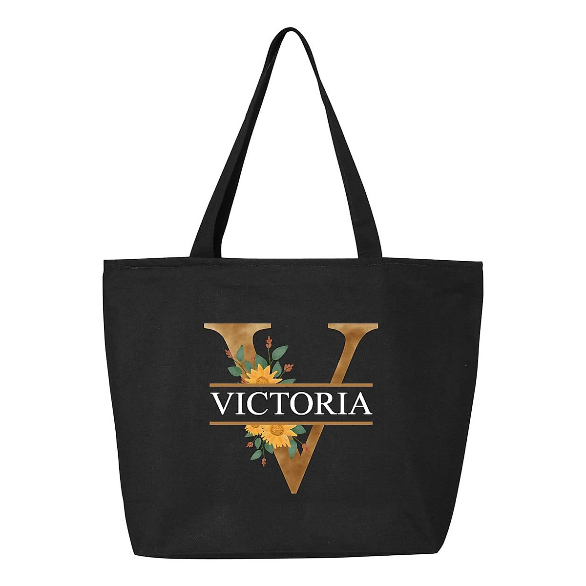 Customized Initial Zippered Canvas Bag, Personalized Floral Initial Tote, Custom Tote, Shopper Tote, Bridesmaid Gift, Wedding Gift Bag, Letter Zippered Canvas Bag (20"W x 15"H x 5"D, Black)