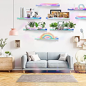 6 Packs Iridescent Clear Acrylic Floating Shelves, DILIBRA 15.7 Inch Large Funko Pop Display Case Picture Ledge Shelf, Acrylic Floating Wall Bookshelf Organizer for Kids Room Bathroom Nursery