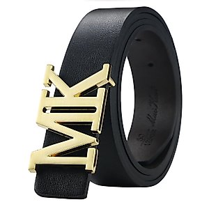maikun Men's Reversible Leather Dress Belt 1.3" Wide Gold Rotated Buckle Valentine's Day, Black Belt,For Waist Size 32-34''