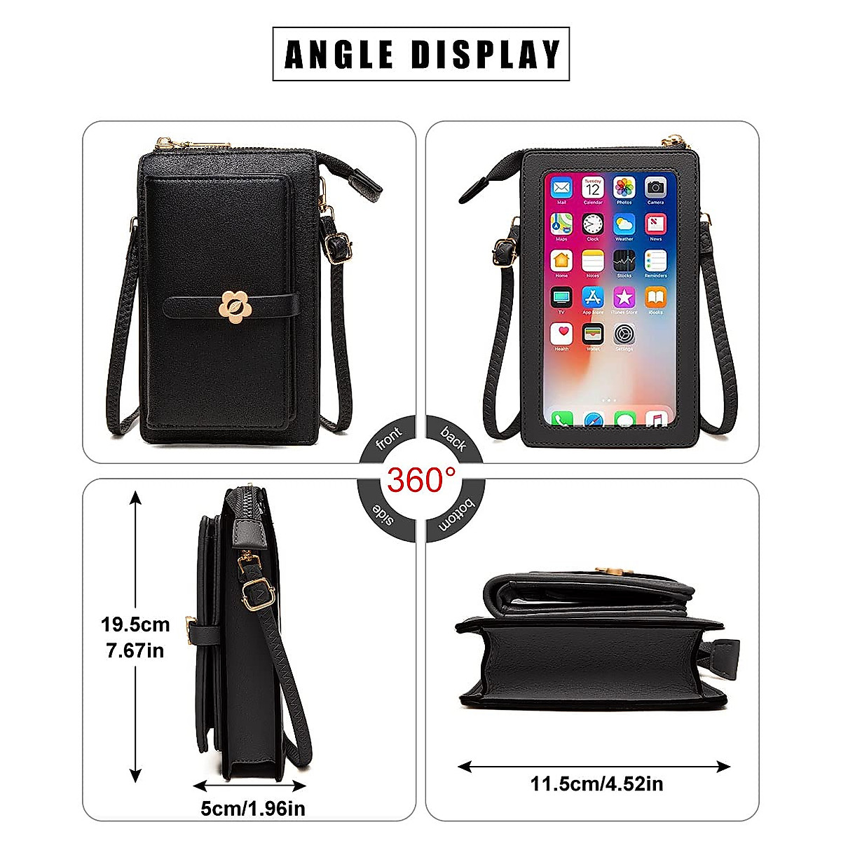 VEVESMUNDO Touchscreen Purse Wallet Zipper Holder Bag with Clear Touch Screen Phone Window (Black)