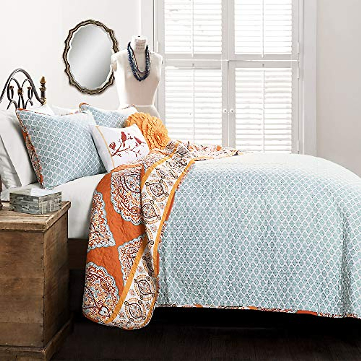 Lush Décor Harley Quilt Damask Pattern Reversible 5 Piece Bedding Set, King, Tangerine