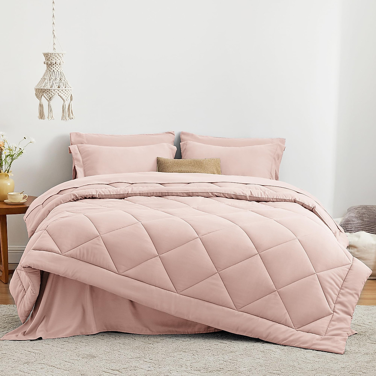 Love's cabin Twin Comforter Set Pink, 5 Pieces Twin Bed in a Bag, All Season Twin Bedding Sets with 1 Comforter, 1 Flat Sheet, 1 Fitted Sheet, 1 Pillowcase and 1 Pillow Sham