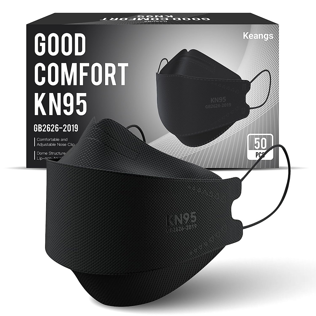 Keangs KN95 Face Masks 50 Pack, Soft and Comfortable Disposable Face Masks for Adults And Teens, Black