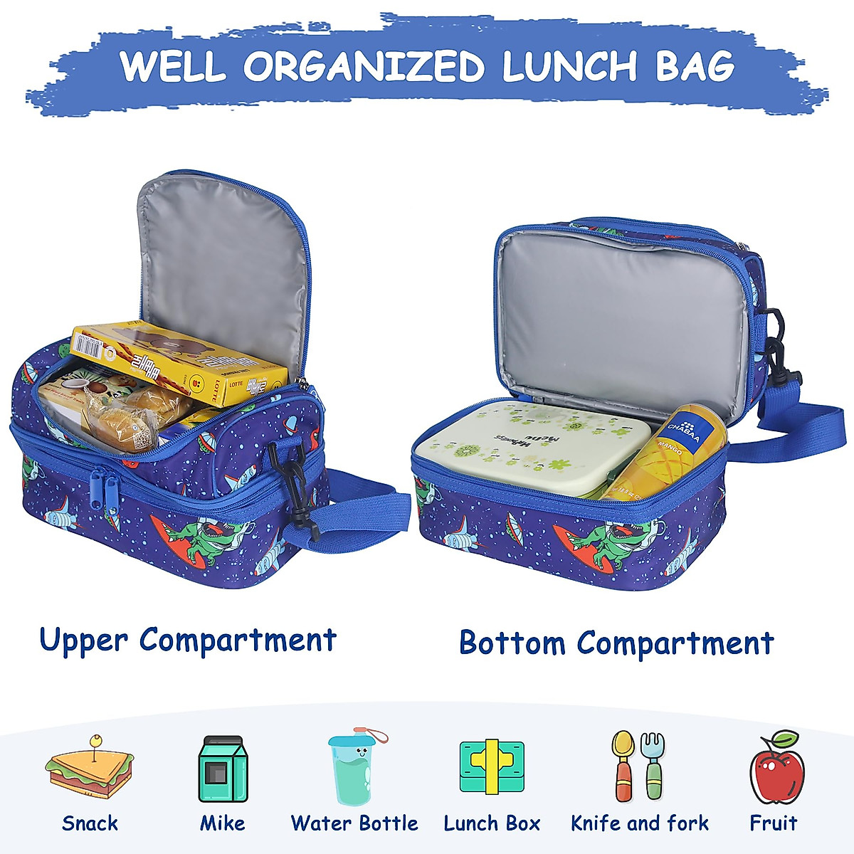 Kasqo Lunch Box Bag for Boys, Insulated Cooler Bag Kids Lunch Tote with Dual Compartments, Blue Dinosaur