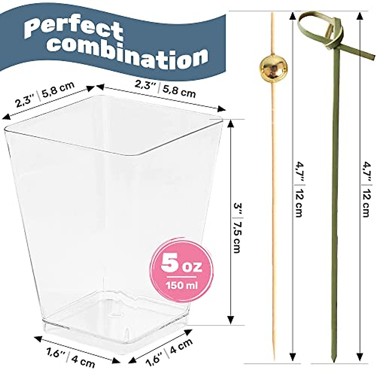 CUSINIUM [50 Cups + 200 Picks 5oz Plastic Charcuterie Cups with Cocktail Picks (2 Types) - Disposable Clear Appetizer Cups