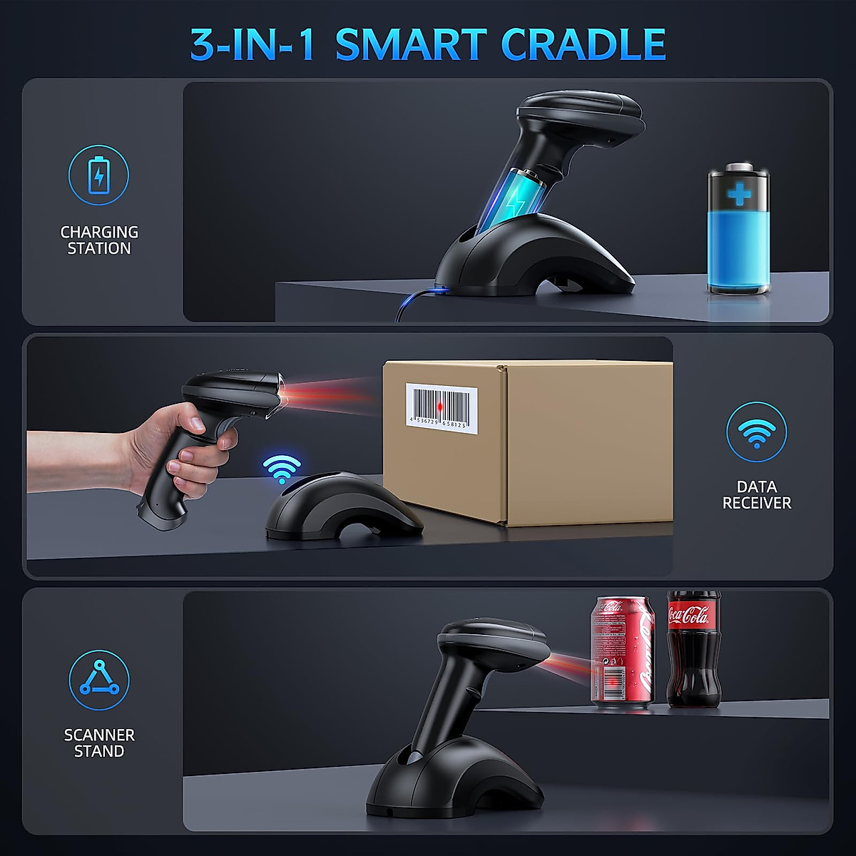 TEEMI 1D 2D Bluetooth Barcode Scanner with USB Cradle + TEEMI TMSL-58CR 1D/2D Bluetooth Barcode Scanner with Smart USB Cradle