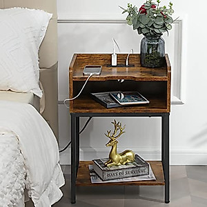 Nightstand with Charging Station, Side Table End Table with USB Ports and Power Outlets, Modern Bedside Night Stand for Bedroom, Living Room, Retro Brown 1-Pack