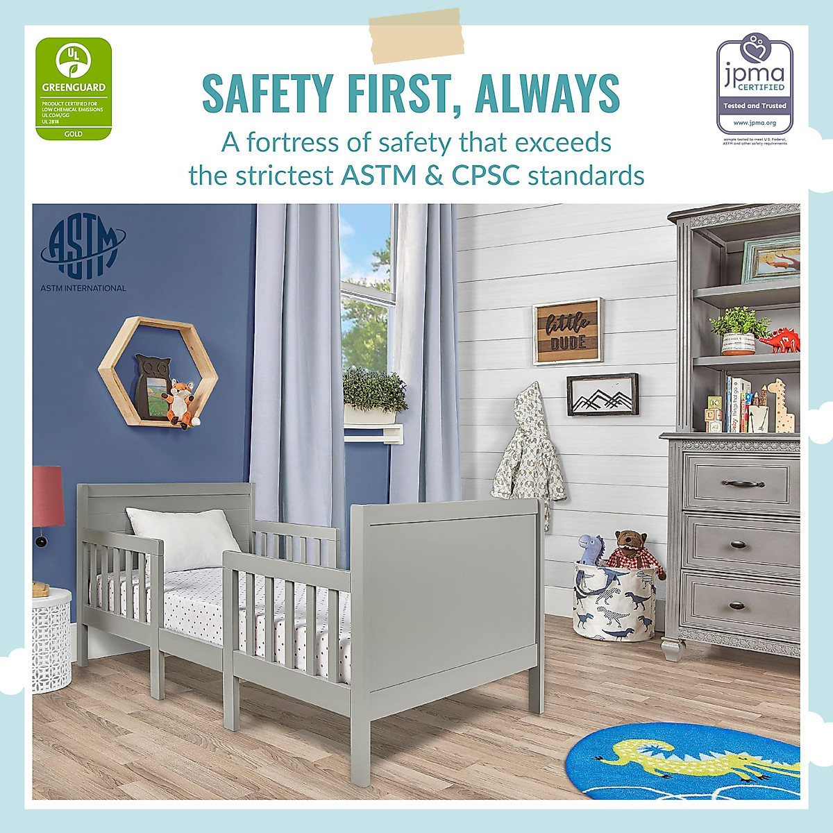 Dream On Me Hudson 3 In 1 Convertible Toddler Bed In Cool Grey, Greenguard Gold Certified, JPMA Certified, Non Toxic Finishes, Made of Sustainable New Zealand Pinewood