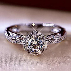 925 Sterling Silver Shiny Full Diamond Ring Cubic Zirconia Flower Ring CZ Diamond Ring Personality Ring for Women Luxury and Delicate Female Style Wedding Engagement Princess Ring Jewelry (US Code 6)