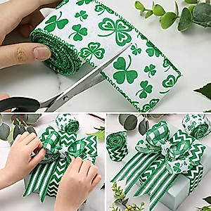 Whaline 4 Rolls St Patrick's Day Wired Ribbon Plaid Shamrock Stripe Crease Ribbon Linen Like Polyester Green White Irish Wrapping Ribbon for Home Birthday Craft Decoration Gift Bow, 2inch x 5 Yards