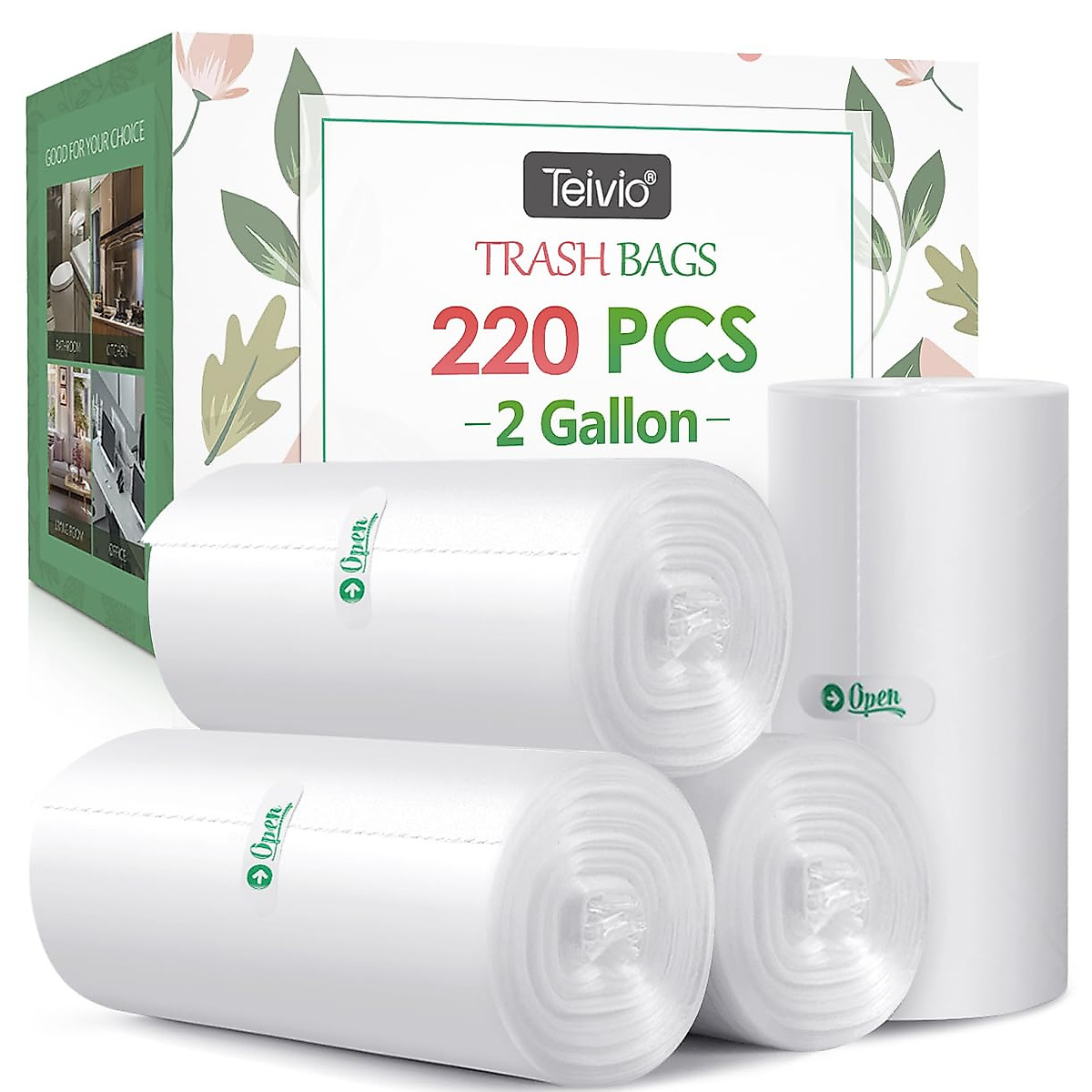 2 Gallon 220 Counts Strong Trash Bags Garbage Bags by Teivio, Bathroom Trash Can Bin Liners, Small Plastic Bags for home office kitchen (Clear)