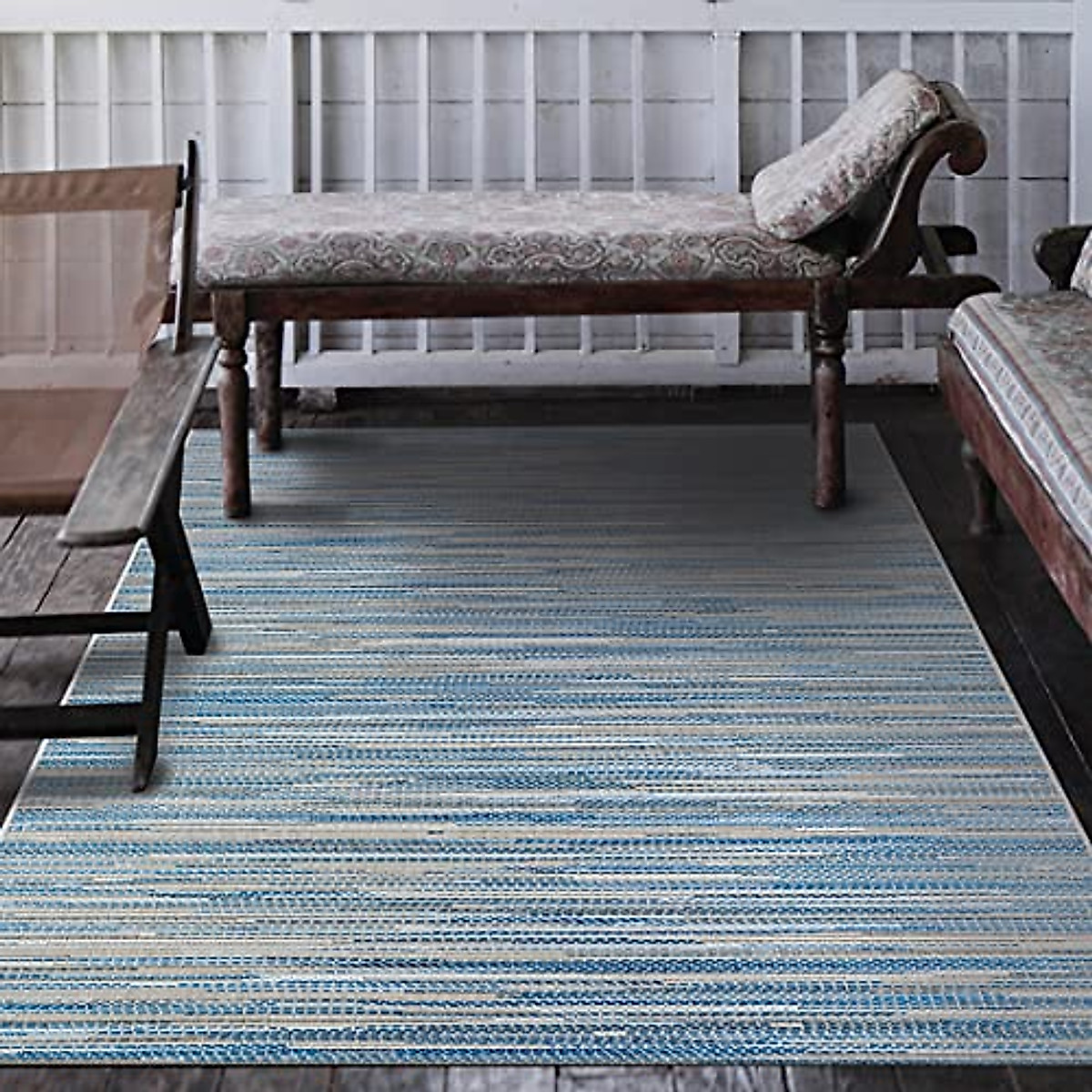 Couristan Monte Carlo Coastal Breeze Ocean Blue- Champagne Indoor/Outdoor Area Rug, 5'10" x 9'2"