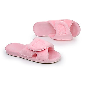 Women's Adjustable Diabetic Slippers Memory Foam House Shoes Cozy Arch Support Orthotic Heel Cup Arthritis Edema Slippers Non Slip Rubber Sole, Open Toe Fuzzy Slide Sandals for Ladies., Pink 6.5/7.5