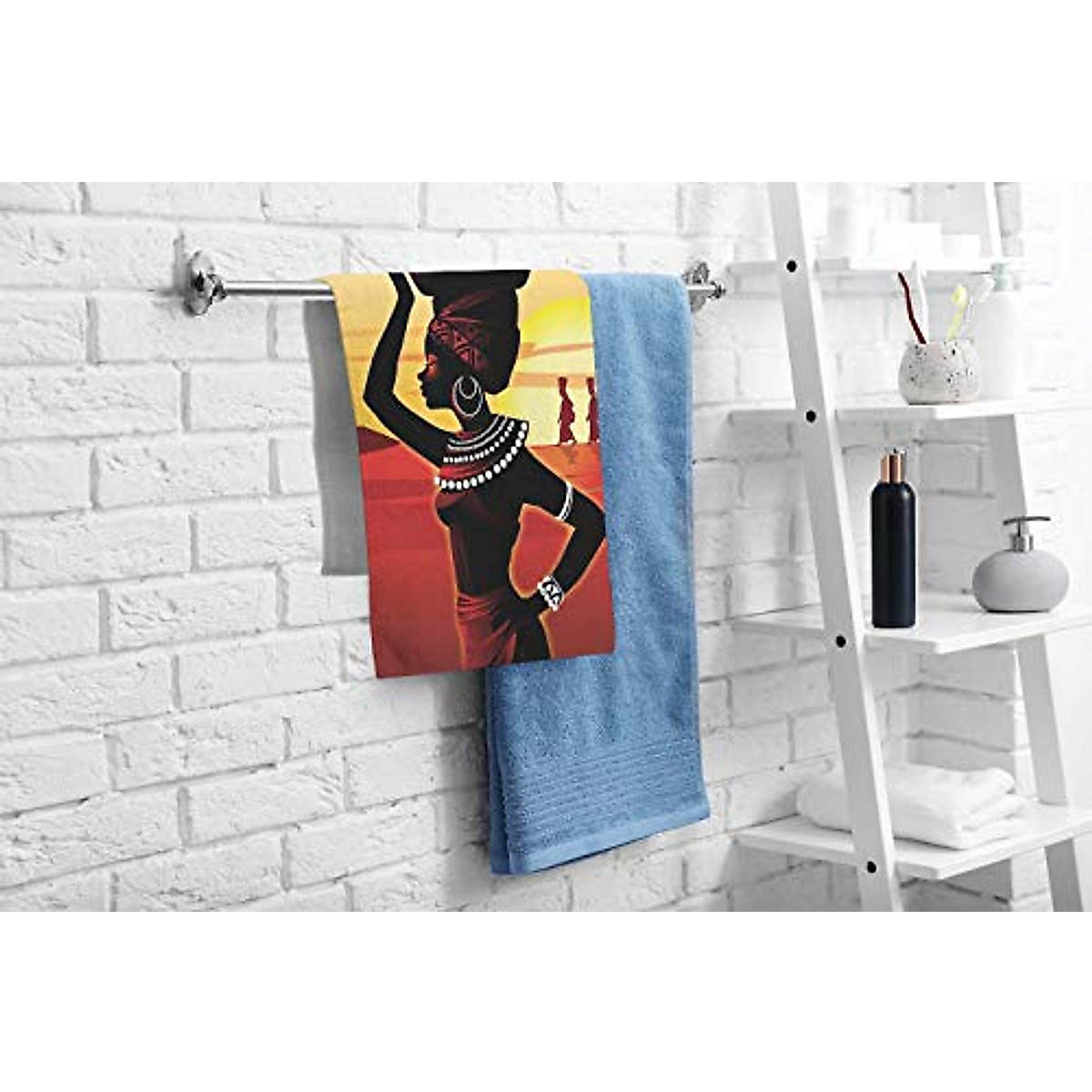 oFloral African Women Painting Art Hand Towels Cotton Washcloths,Woman Walking On The Sunset Desert Soft Absorbent Towels for Bath/Yoga/Golf/Hair/Face Towel for Men/Women/Girl/Boys 15X30 Inch