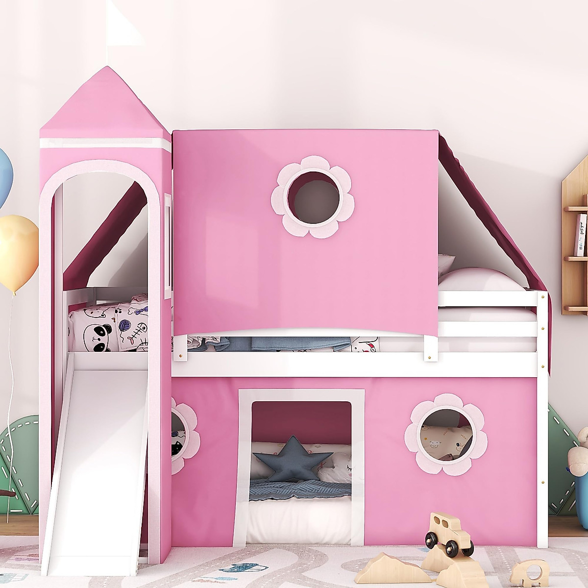 Pink Twin Size Loft Bed with Slide, Windows and Tent, Safe Playhouse Design with Guardrails and Ladder, No Box Spring Required, Perfect for Kids Bedrooms, Pink