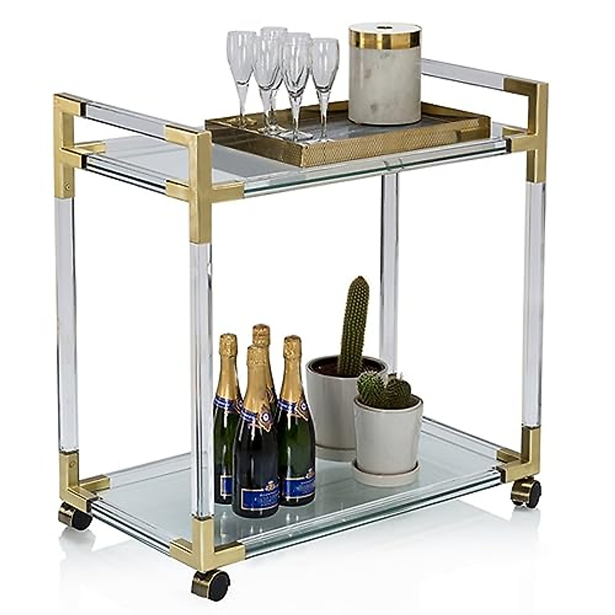 VLOBAOM Gold Bar Cart on Wheels, Clear Acrylic Serving Cart for Home, Mobile Storage Shelf, Rolling Drink Trolley for Living Room, Kitchen, Hotel,80x40x80cm,Gold