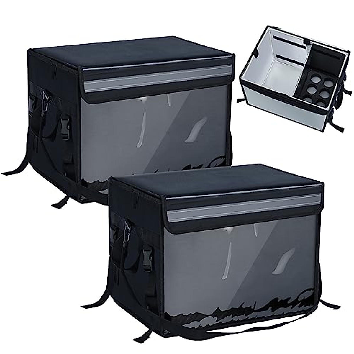 Tanlade 2 Pack Insulated Food Delivery Bag Cooler Catering Bag Waterproof Foldable Grocery Bags with Zippered Top Frame Cup Holder Partition Bottom Plate for Camping Catering Food Transport