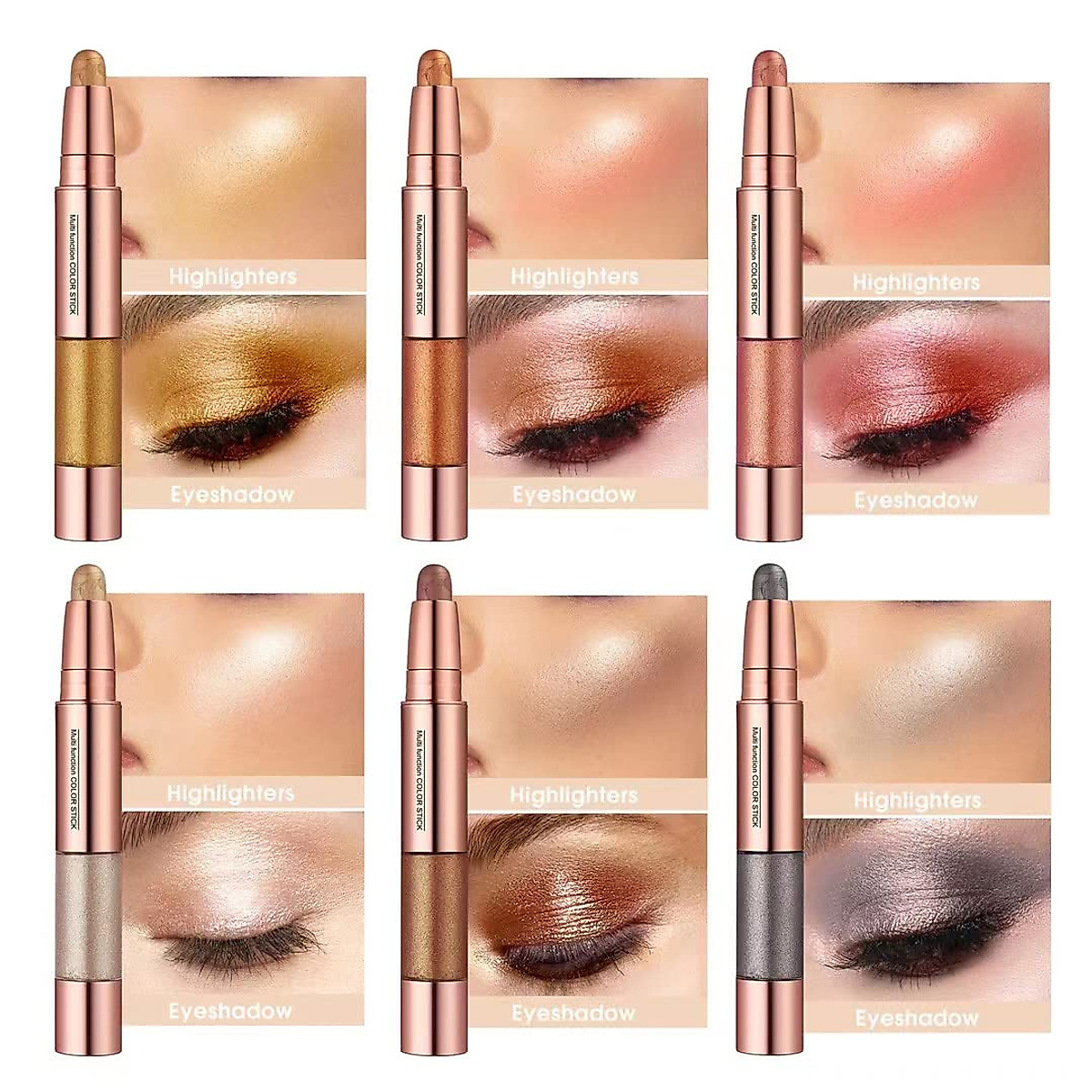 ABELYN 2-in-1 Cream Eyeshadow Stick 6 Colors Metallic Shimmer Eye Shadow Sticks & Highlighter Makeup Liquid Eye Shadow Pencil for Eyes (Pack of 6)