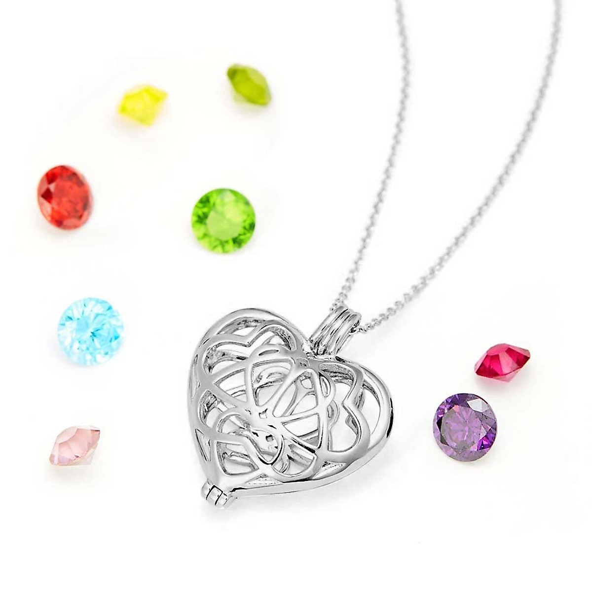 EVE'S ADDICTION Sterling Silver Personalized 6mm Round Simulated Birthstone Heart Caged Locket (16" chain) Personalized Gift for Her - Gifts for Mom