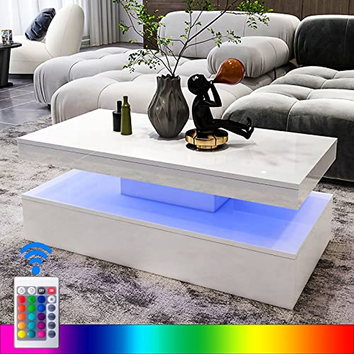 SUCXDZQ Modern Coffee Table with RGB LED Light, High Gloss Coffee Table with Remote Control for Living Room, White