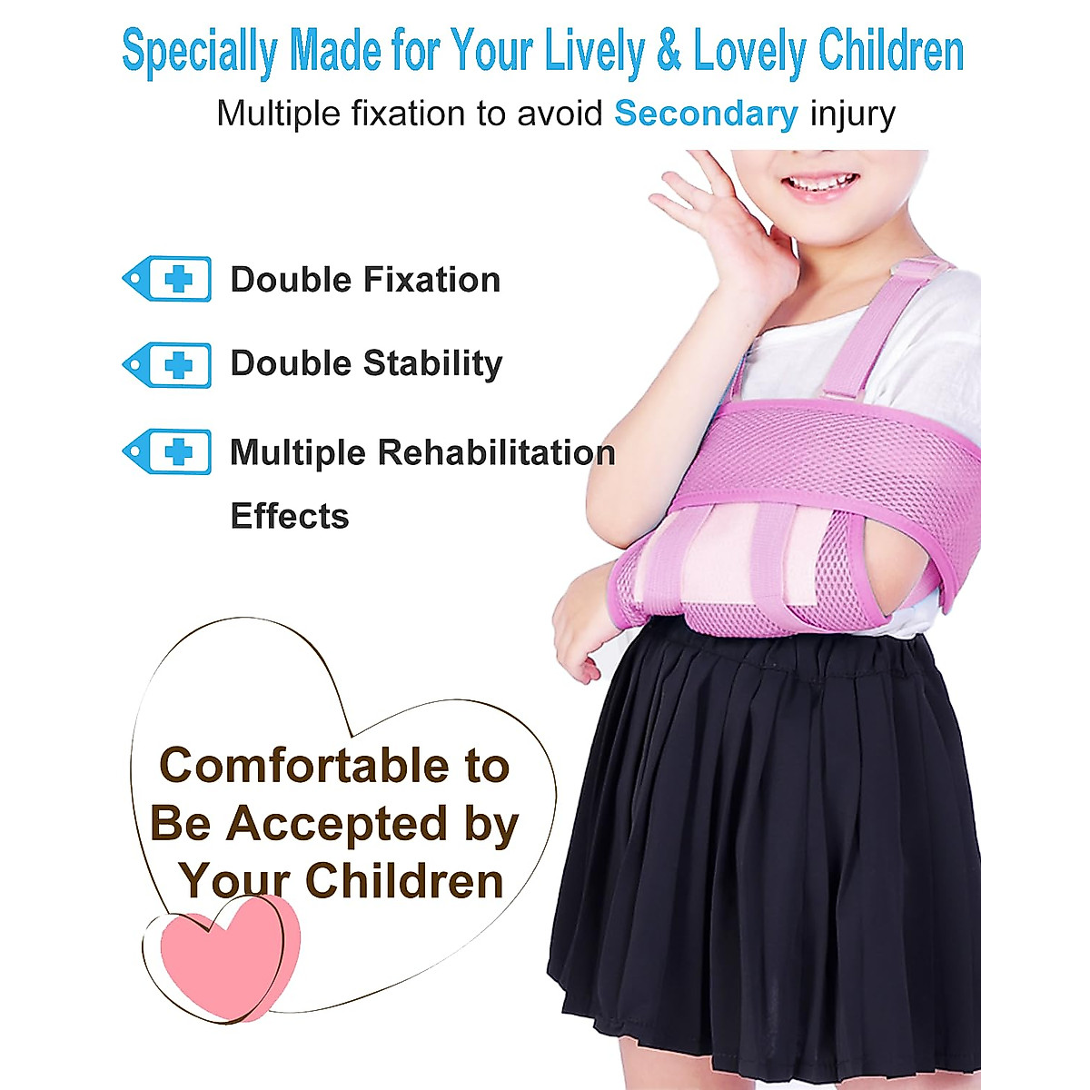 DouHeal Medical Kids Arm Sling, Breathable, Soft & Comfort, Adjustable, Toddler Children Pediatric Rotator Cuff, Elbow Support for Broken, Fractured Arm & Shoulder Injury, Immobilizer Band (Pink)