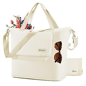 Foldable Travel Duffel Bag for Women, Water Resistant Personal Item/Carry Bag, Expandable Overnight Weekender Bag with Wet Compartment & Luggage Sleeve, Lighetweight Sport Tote Gym Bag (Beige)