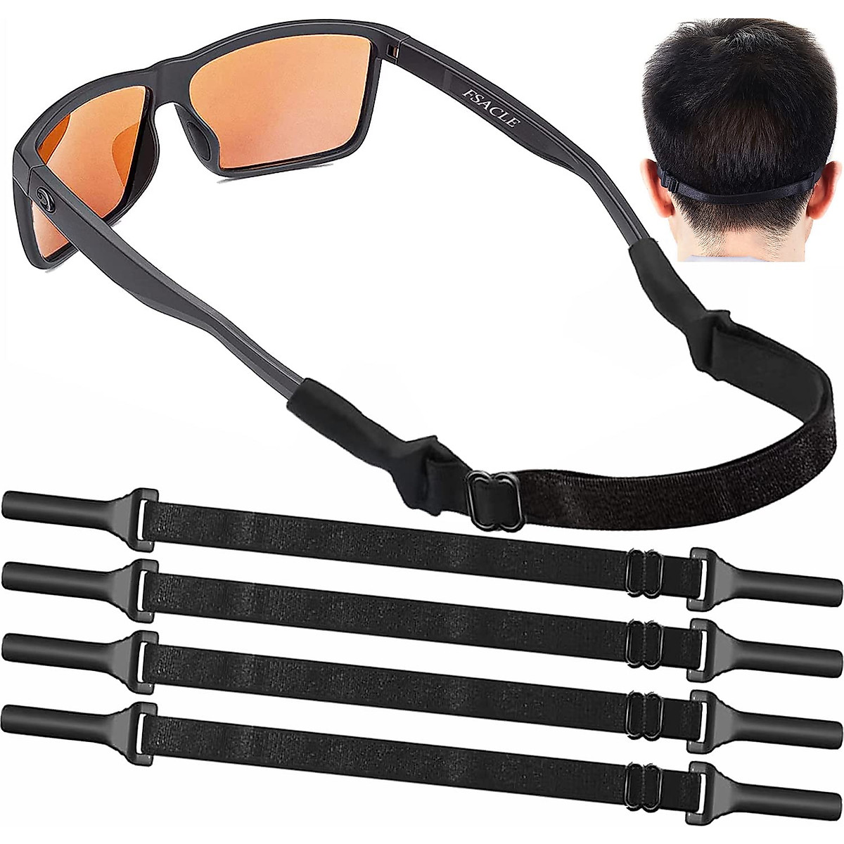 KSACLE Adjustable Glasses Strap - Upgrade 4 Pack No Tail Eyeglass Straps, Universal Fit Rope Eyewear Retainer, Sport Unisex Sunglass Retainer Holder Strap (Black,13 inch)