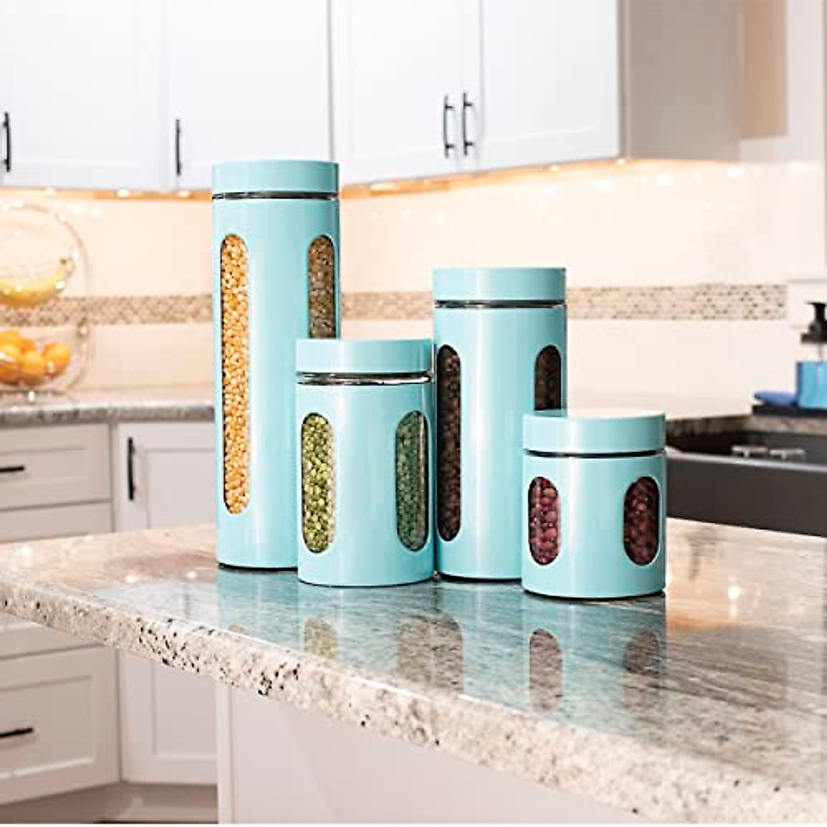 Kitchen Canisters For Countertop By Home Basics | Retro-Styled Canisters For Kitchen Counter | Stainless Steel and Glass Kitchen Canister Set, With See-Through Windows (Turquoise), 4 Pieces