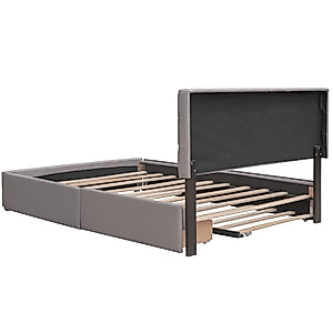 Bellemave Queen Size Platform Bed, Queen Linen Fabric Upholstered Platform Bed Frame with 2 Storage Drawers and 1 Twin XL Trundle, Ideal Bedroom Furniture, No Box Spring Needed (Light Gray)