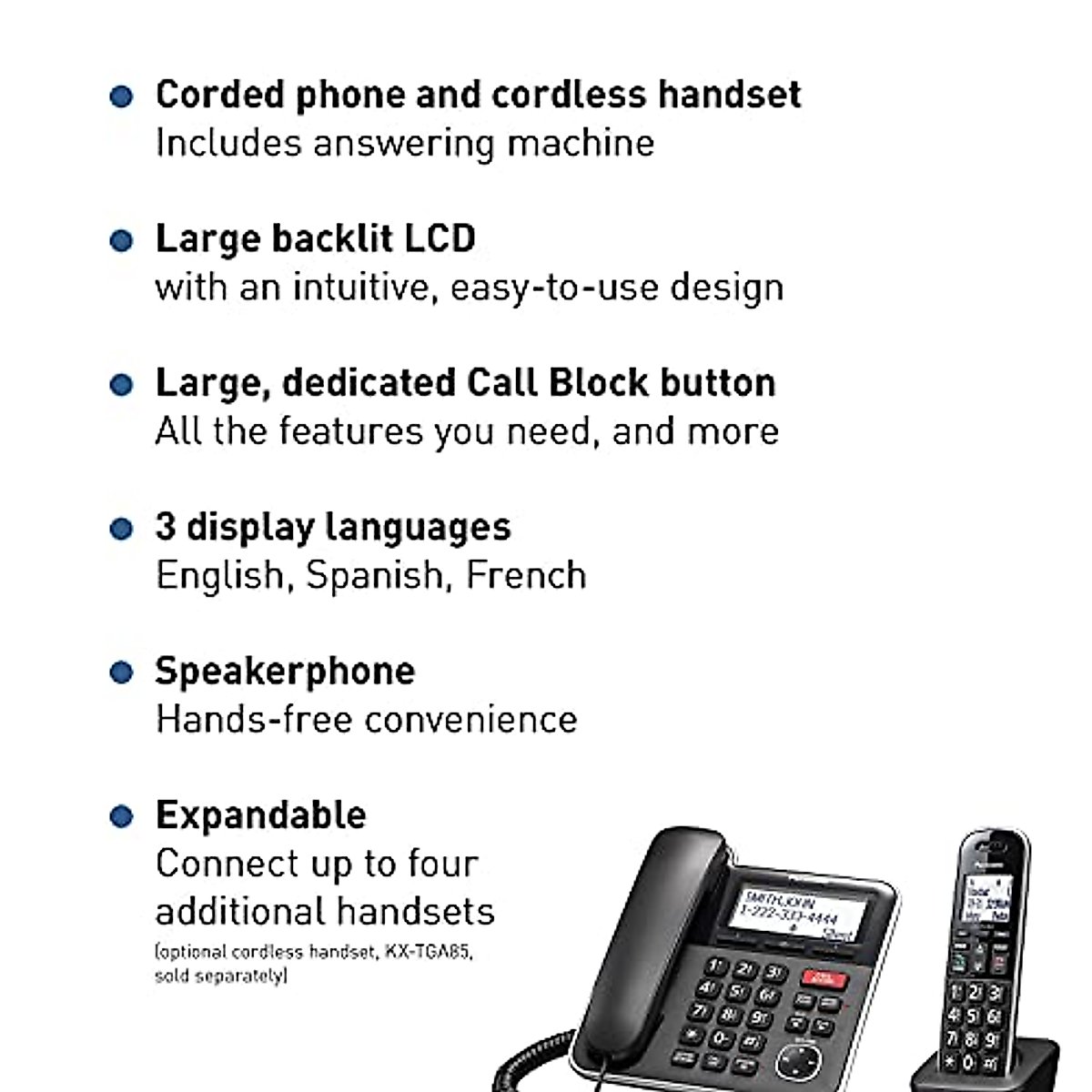 Panasonic Expandable Corded/Cordless Phone System with Answering Machine and One Touch Call Blocking – 1 Handset - KX-TGB850B (Black)