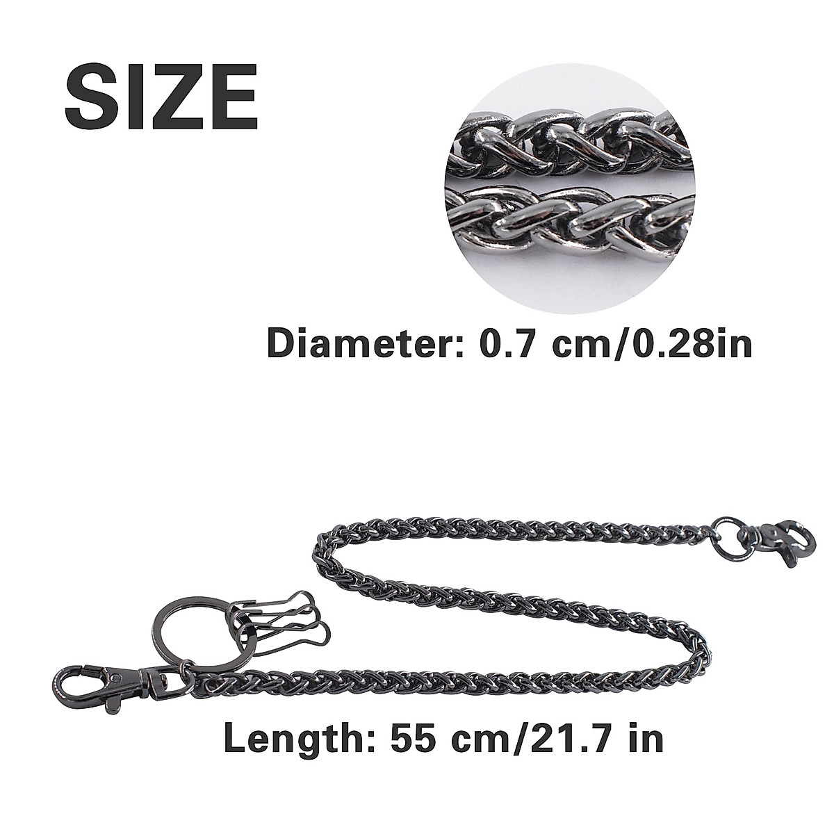 QzoneLife® 18.5inch Metal Wallet Chain Pocket Keychain with Lobster Clasps and 3 Keychain Rings Heavy Waist Jeans Chain for Keys, Men Wallet, Pants, Belt Loop, Handbag Black