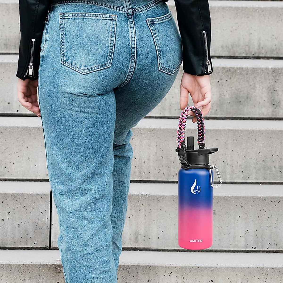 AMITER Insulated Bottle with Straw & Spout Lid, Wide Mouth Stainless Steel Water Bottles with Paracord Handle - 22oz, 32oz, 40oz, 64oz