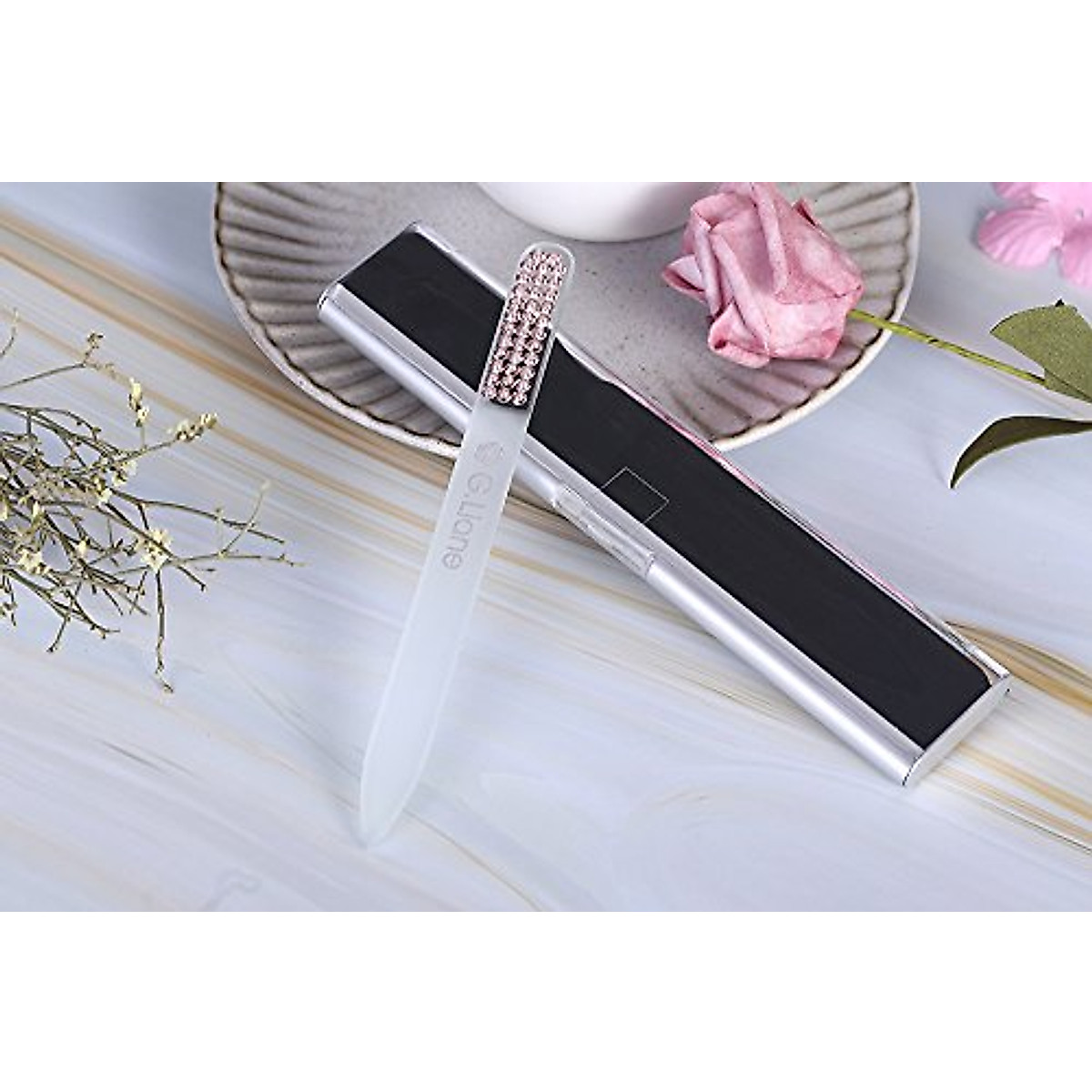 Glass Nail File With Austria Crystals – G.Liane Professional Crystal Fingernail Files In Aluminum Case Perfect Manicure Set For Women Men Kids Nail Care Gift Set (Pink Crystals)