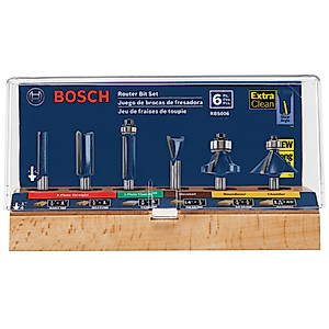 BOSCH RBS006 6-Piece 1/4 In. Shank Carbide-Tipped Multi-Purpose Router Bits Assorted Set with Included Storage Case for Applications in Straight, Trimming, Decorative Edging, Dovetail Joinery