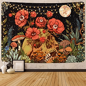 Uspring Skull Floral Tapestry Flowers Skeleton Tapestry Moon Garden Tapestry Mushroom Plants Tapestry Trippy Vintage Tapestry Wall Hanging for Room (59.1 × 82.7 inches)