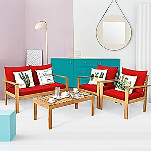 LUKEO 4PCS Patio Furniture Set Acacia Wood Thick Cushion Loveseat Sofa Red Spend Time with Your Family On The 4-8 Persons Set