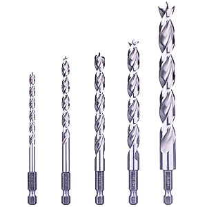 NordWolf 5-Piece HSS Brad Point Wood Drill Bit Set with 1/4" Hex Shank for Carpenter Woodworking, SAE Sizes 3/16"-1/4"-5/16"-3/8"-1/2"