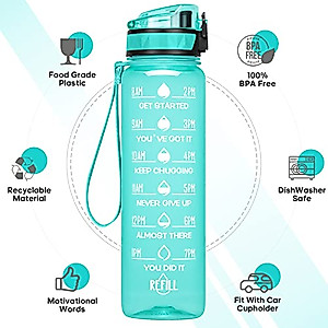 Motivational Water Bottle with Time Marker, 32 oz (950 ml), BPA-Free Plastic, Easy Drink Straw, Fits Cup Holder (1002-Green, 26 oz)